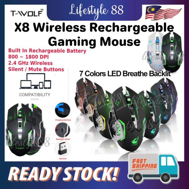 *High Quality* X8 Rechargeable Wireless Gaming Mouse Silent LED Backlit ...