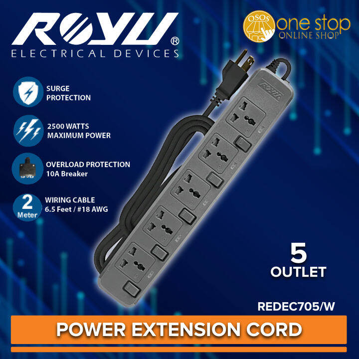 Royu Extension Cord Overload & Surge Protected 5 Outlets w/ Individual ...