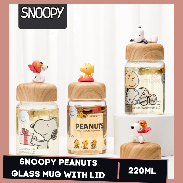 Snoopy Peanuts Transparent Heat Resistance Glass Cup With Wooden Bamboo ...