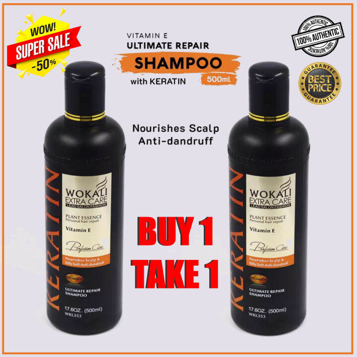 Buy 1 Take 1 Wokali Extra Care Keratin Ultimate Repair Shampoo 500ml Plant Extract Vitamin E ...