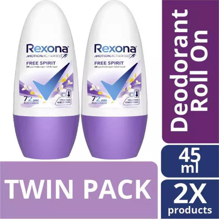 REXONA WOMEN DEODORANT ROLL ON PENGHILANG BAU BADAN AROMA MAWAR FREE SPIRIT 45ML TWIN PACK ...