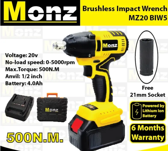 1/2" inch Monz 500nm Brushless Impact Wrench MZ20 BIW5 with 4.0ah ...