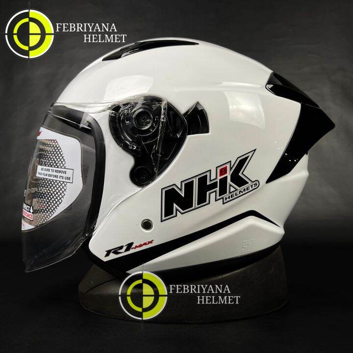 HELM NHK R1 MAX SOLID WHITE BLACK HALF FACE NHK R1 MAX DOUBLE VISOR ...