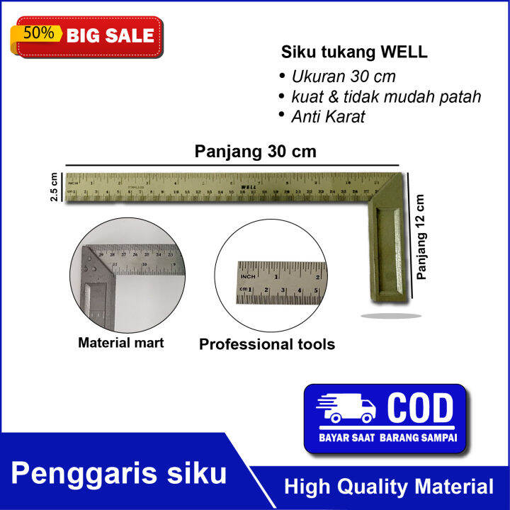 Siku Tukang Bangunan Serbaguna penggaris siku Pengukur tukang bangunan meteran Ukuran 30 cm ...