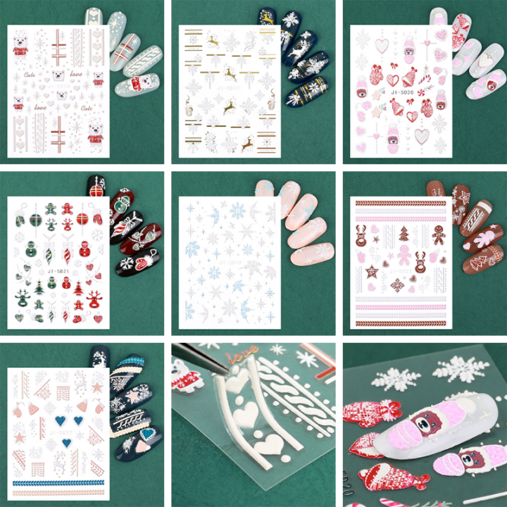 5D Natal Timbul Kuku Stiker Putih Kepingan Salju Slider untuk Kuku ...
