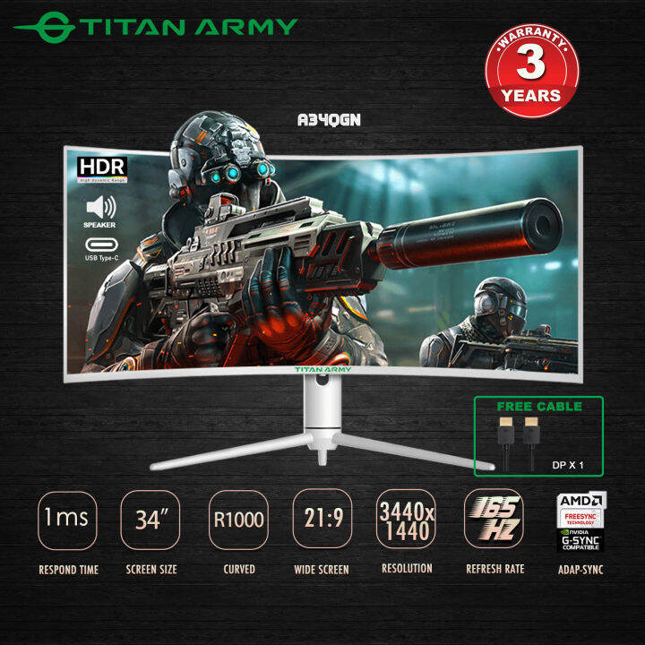 TITAN ARMY 34” Ultrawide WQHD 2K 165Hz 1ms Curved R1000 Type-C Gaming ...