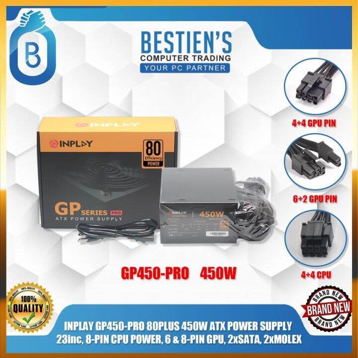 INPLAY GP450-PRO 80PLUS 450W ATX POWER SUPPLY 23inc 8-PIN CPU POWER 6 8 ...