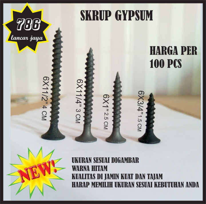 100 pcs sekrup gypsum ukuran 6x 3/4" 6x 1" 6x11/4" 6x11/2" sekrup hitam ...