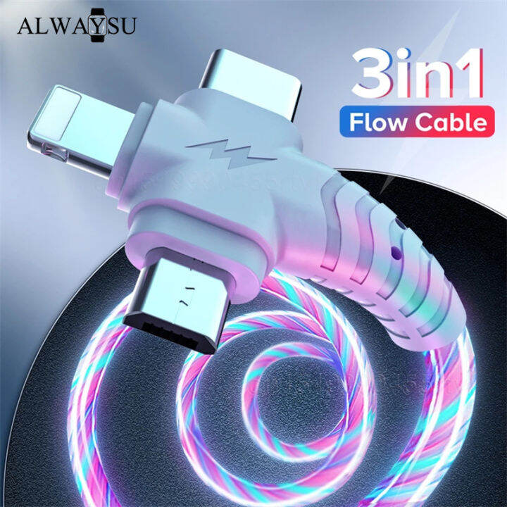 3 in 1 LED Glow Flowing Charging Cable USB Type C Luminous Lighting ...