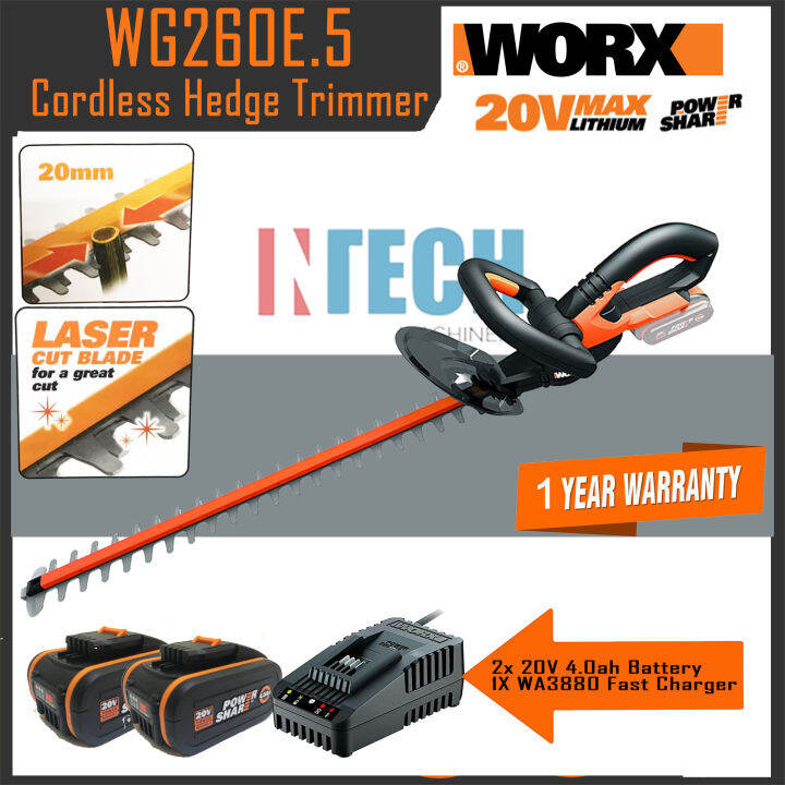 WORX WG260E.5 CORDLESS HEDGE TRIMMER 20V 61CM C/W 2x 20V 4.0AH BATTERY ...
