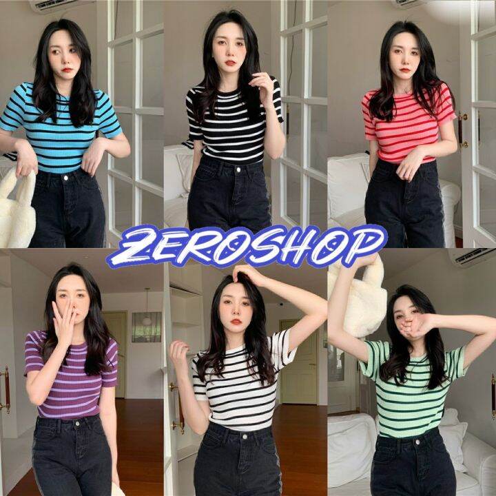 Zero shop🐰พร้อมส่ง🐰 (Zero-51050) เสื้อแขนสั้นไหมพรม คอกลม ดีเทลลายทาง สีสันสดใสมาก | Lazada.co.th