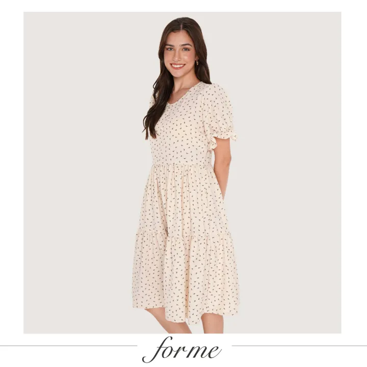 ForMe All Over Print Tiered Dress for Women (Cream) | Lazada PH