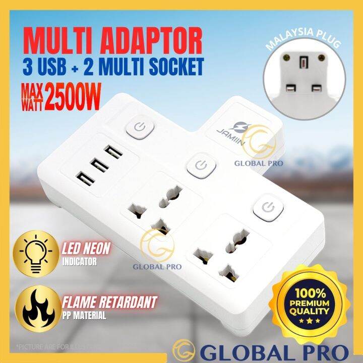 3USB + 2 Multi Socket T-ADAPORT 2.4A USB Universal Extension Plug Neon ...