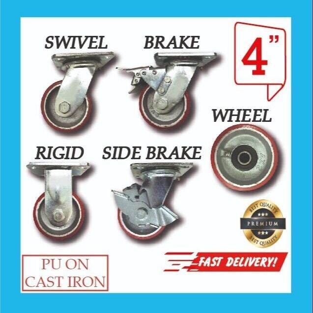 4'' (100mm) EXTRA HEAVY DUTY CPU FLAT PU ON CAST IRON SWIVEL/RIGID ...