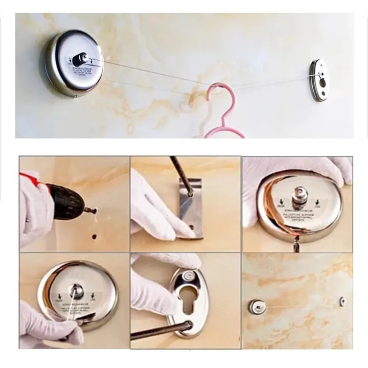 Stainless steel wall hanging clothesline 2.8m telescopic invisible wire ...