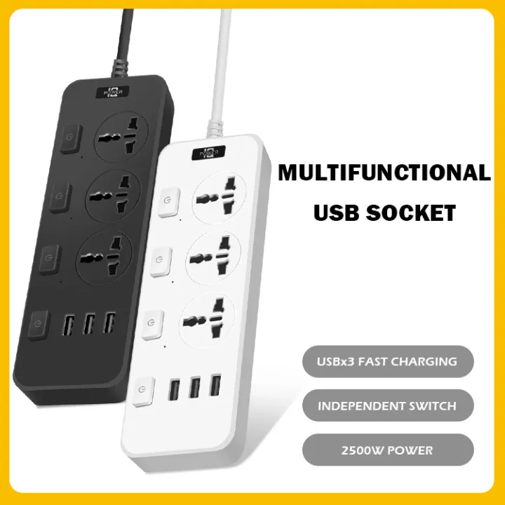 UK Plug Power Strip 3 Power Socket with 3 USB Separate Switch 2500W ...