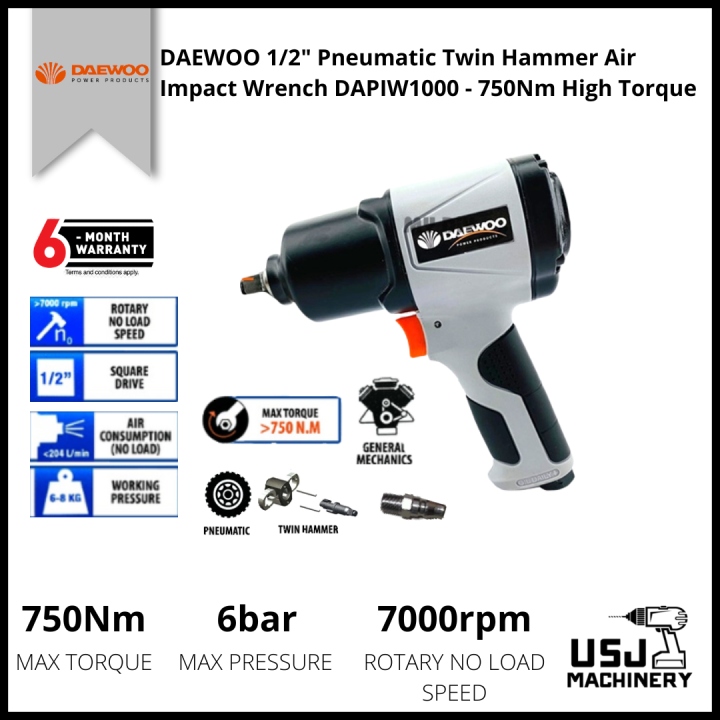 DAEWOO 1/2" Pneumatic Twin Hammer Air Impact Wrench DAPIW1000 - 750Nm High Torque | Lazada