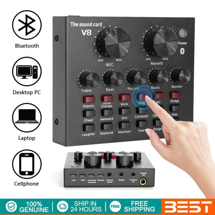 V8 sound card karaoke microphone usb pc record bluetooth v8s complete set with condenser ...