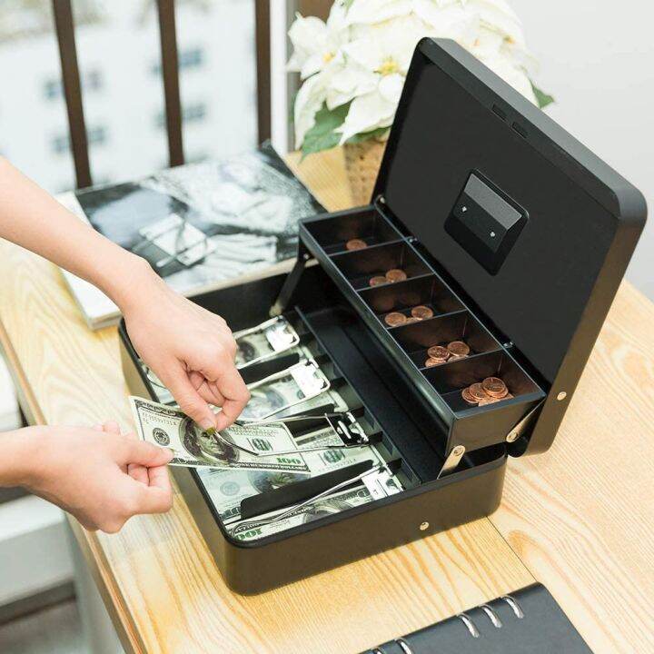 JH.PH Cash Box with Money Tray and Key Lock Large Metal Money Safe Box ...