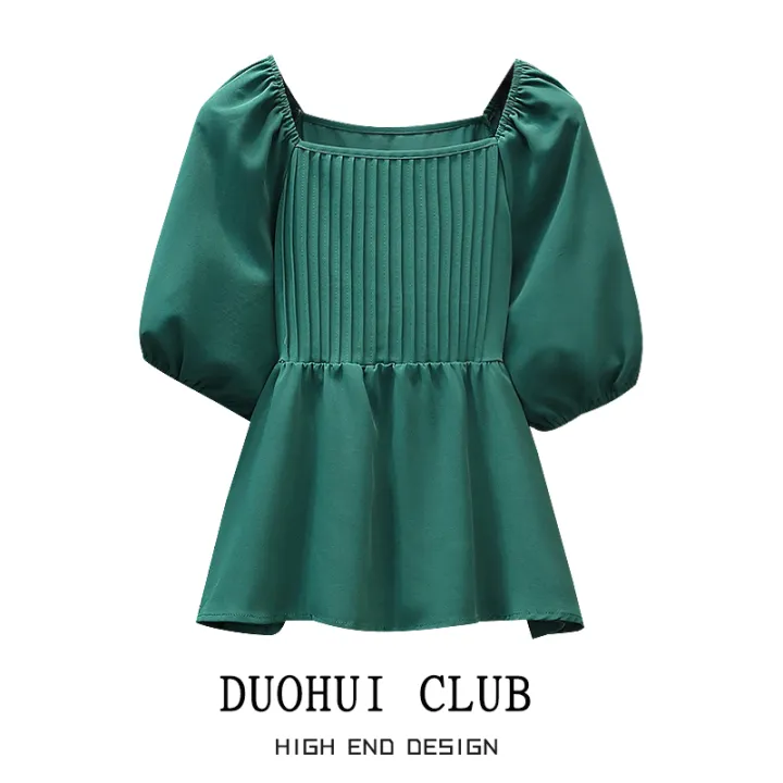 DUOHUI ฝรั่งเศสสแควร์คอพองขึ้นแขนสีเขียวถุงแขนสั้นเสื้อจีบออกแบบด้านบน ...