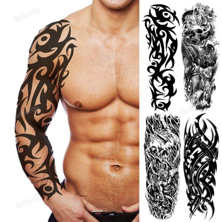 full arm temporary tattoos large totem tribal big sleeve tattoo sticker ...