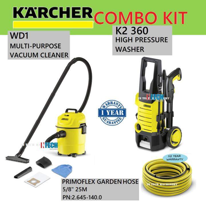 KARCHER COMBO SET WD1 MULTI-PURPOSE VACUUM CLEANER C/W K2.360 HIGH PRESSURE WASHER+HOSE ...