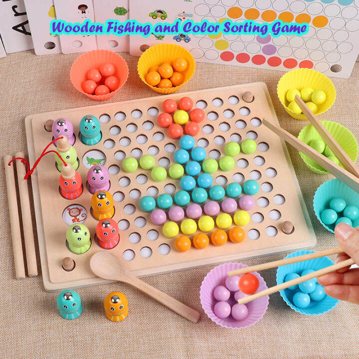 Wooden Multi Gameplay Fishing Toys Memory Game Bead Matching Game Using ...