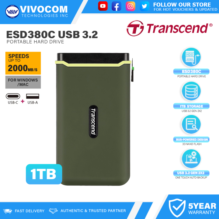 Transcend 1TB ESD380C USB 3.2 Gen 2x2 Portable SSD (Military Green ...