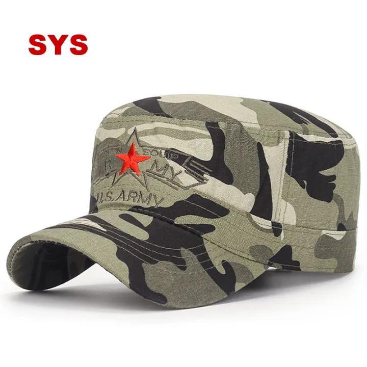 SYS Camo Red Star Flat Top Hat Five Stars 3D Embroidery Cap Military ...