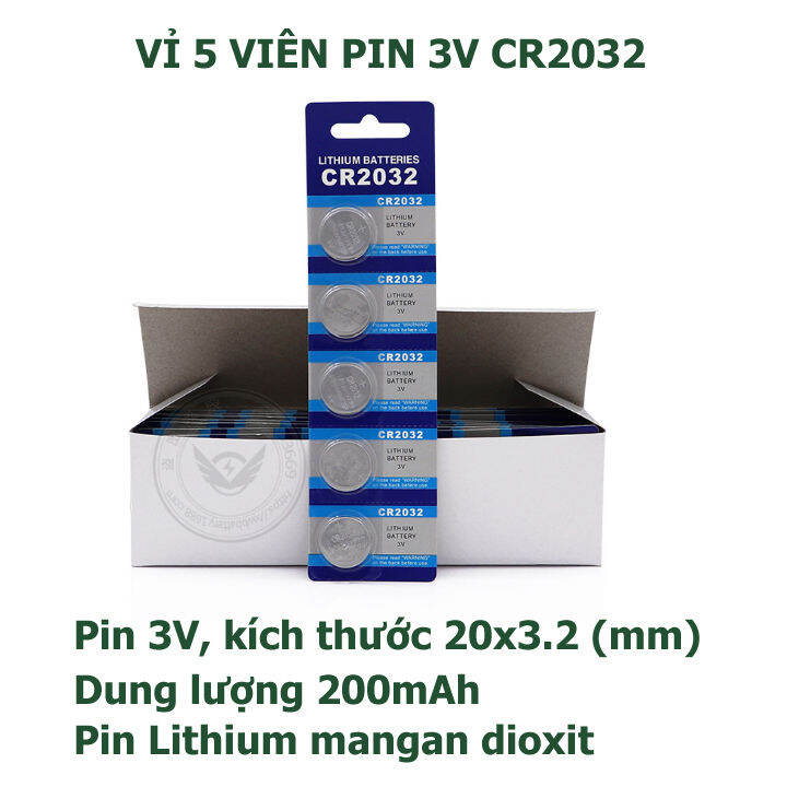 Bộ vỉ 5 viên pin cúc áo CR2032 3V, chất liệu lithium mangan bền hơn so ...