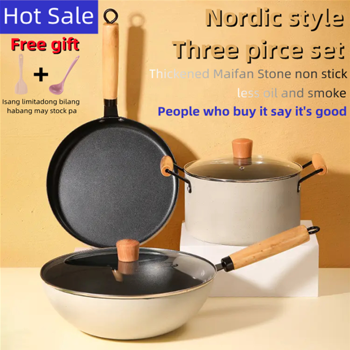Non Stick maifan stone kitchen wear cookware set 3 pieces kaldero pot ...