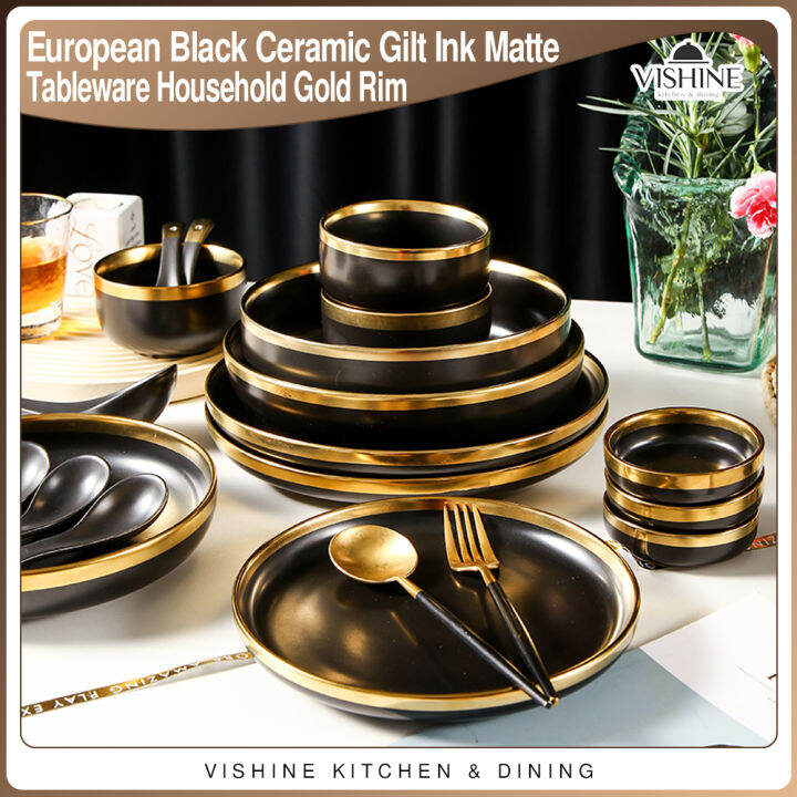 European Black Ceramic Gilt Ink Matte Tableware Household Dish Noodle ...