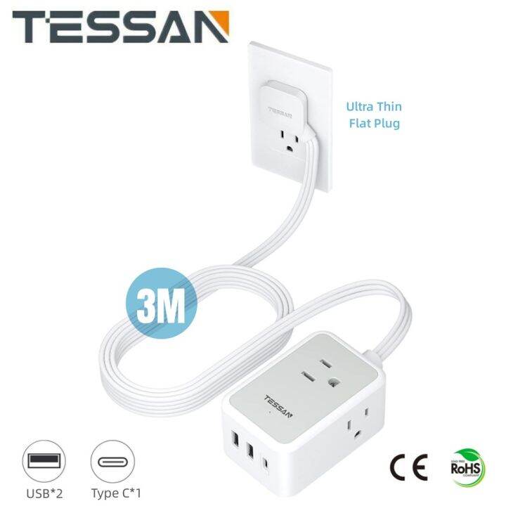 3 Side Flat Plug Power Bar with USB C, 10 Feet Ultra-Thin Flat ...