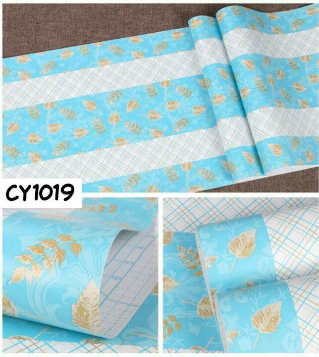Wallpaper Sticker Dinding Biru Putih Garis Berdaun Emas Cantik BATIK ...