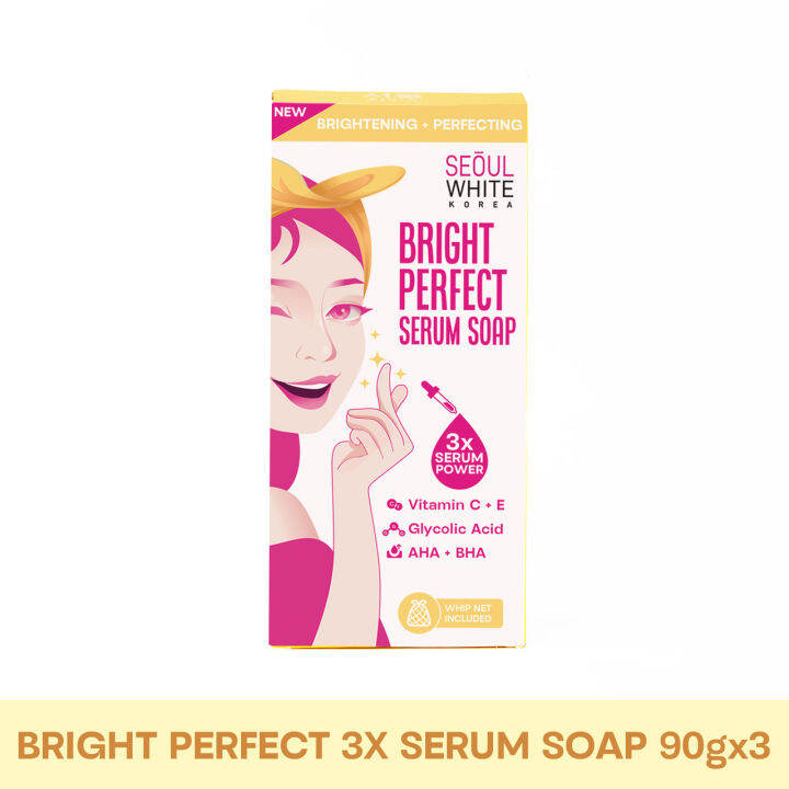 Seoul White Korea BRIGHT PERFECT Serum Soap 90gx3 (VITAMIN C+E, GLYCOLIC ACID, AHA + BHA ...