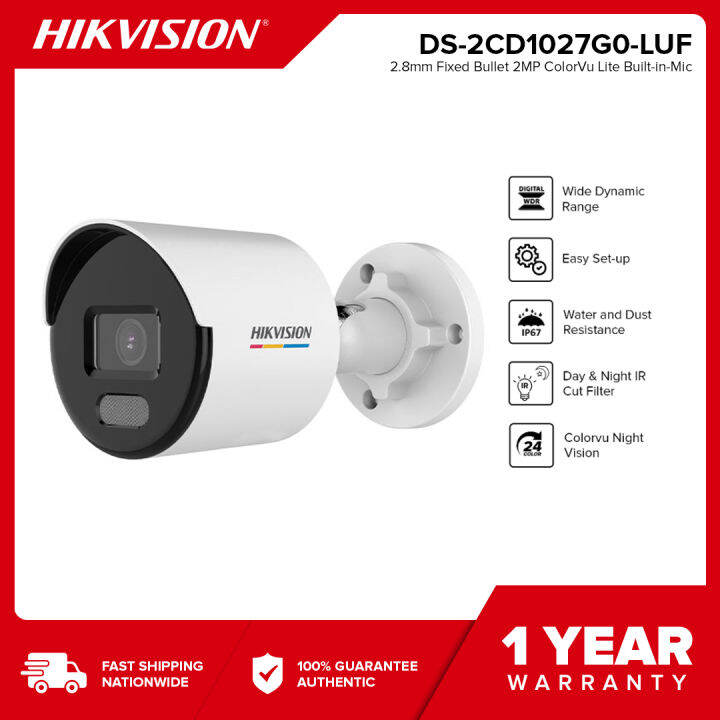 Hikvision DS-2CD1027G0-LUF 2.8mm Fixed Bullet 2MP IPC ColorVu Lite Built-in-Mic 24/7 Colorful ...