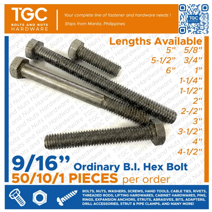 TGC 10PCS 9/16 inches x 1~6 inches Ordinary Hex Bolt / BI Capscrew ...
