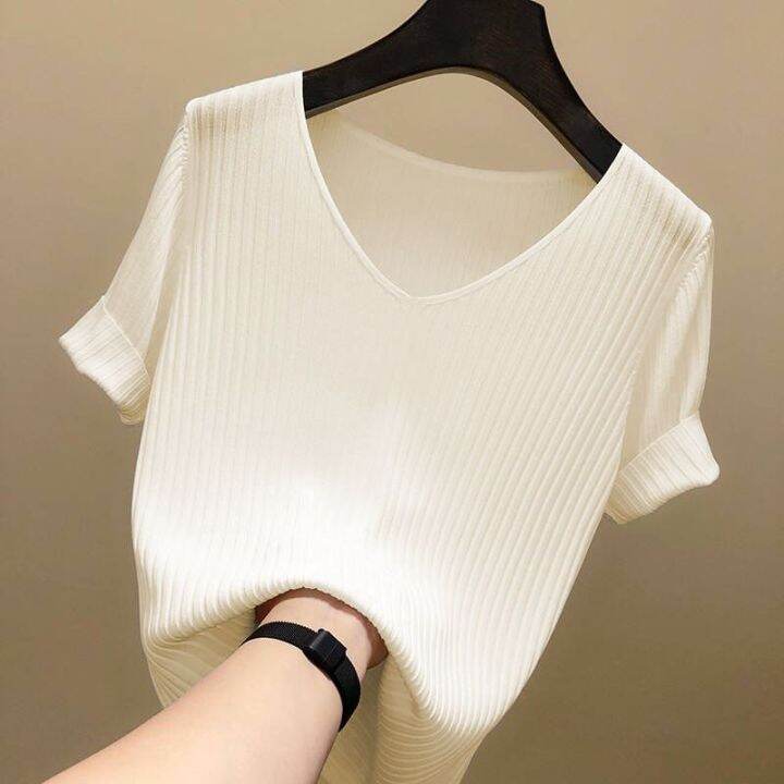 Women's Short Sleeve Versatile Casual Summer Slim Fit Knitwear New Ice ...