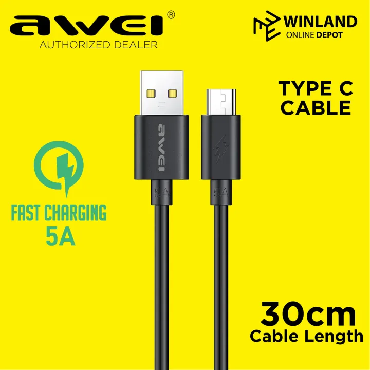 Awei Original CL-113T 5A Type-C Fast Charging Cables 30CM USB to Type C ...