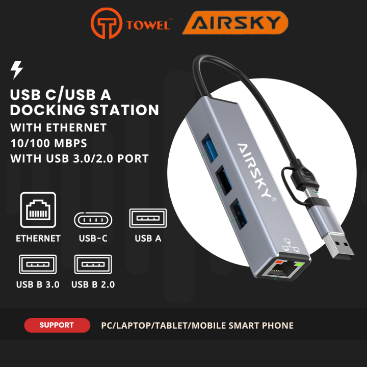 HC-78 AIRSKY 2 in 1 USB C/USB A HUB Docking Station with USB 3.0/USB 2.0/Ethernet | Lazada