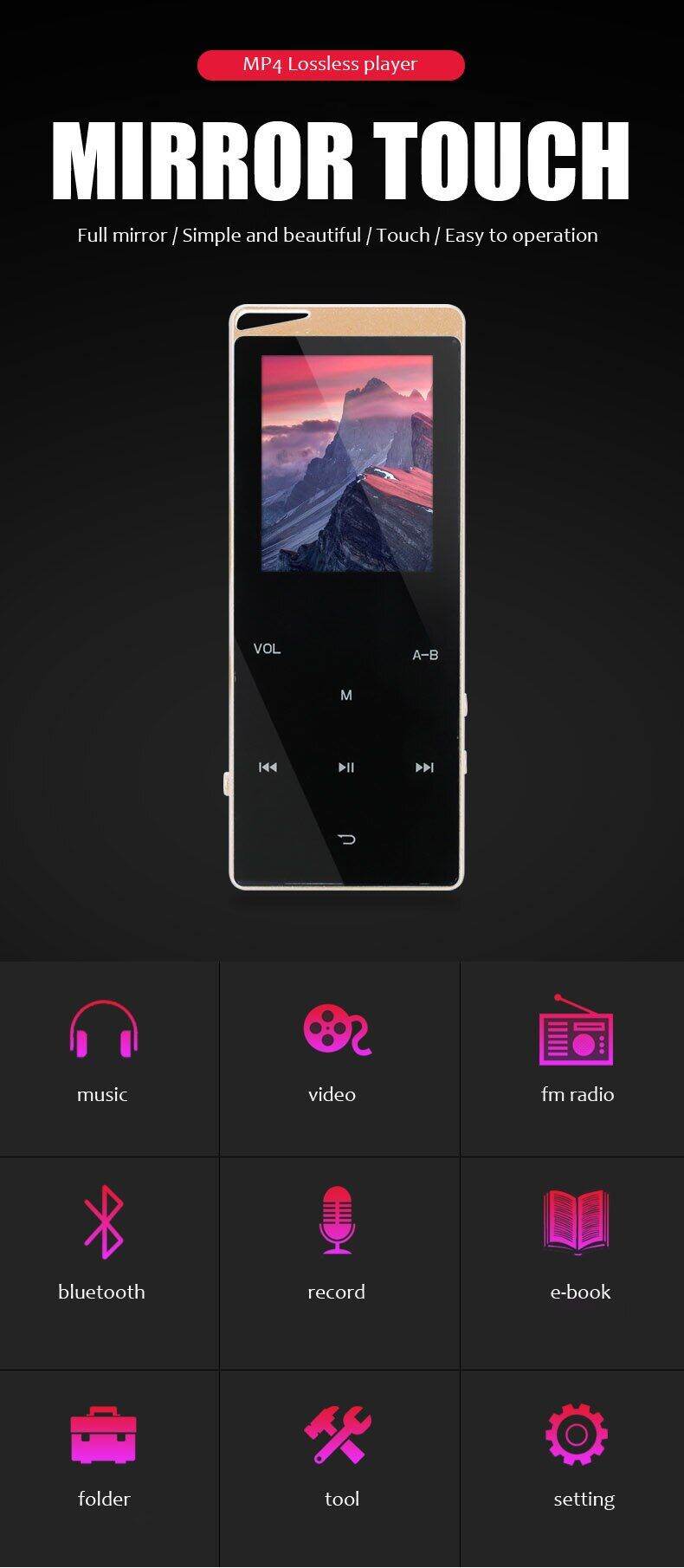 เครื่องเล่น MP4 โลหะหรูหราเครื่องเล่นบลูทู ธ แบบพกพา Slim MP3 MP 4 Media 2 นิ้ว Touch Key FM ...