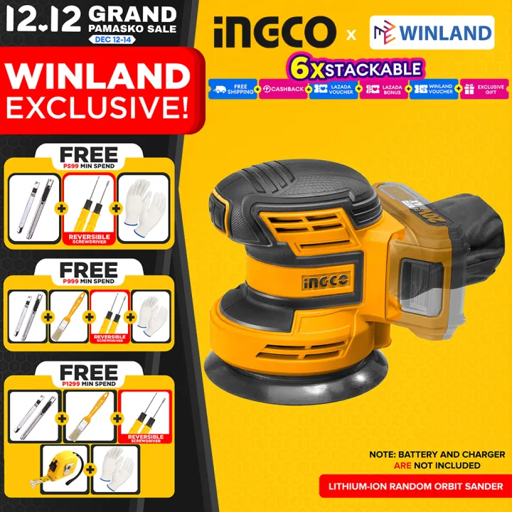 INGCO by Winland Cordless Li-Ion Random Orbital Power Sander Tool ...