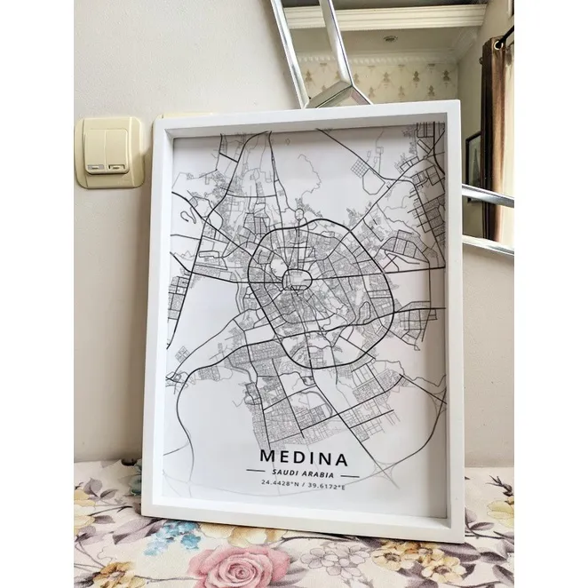 Hiasan dinding wooden poster lukisan pajangan map peta kota madinah ...