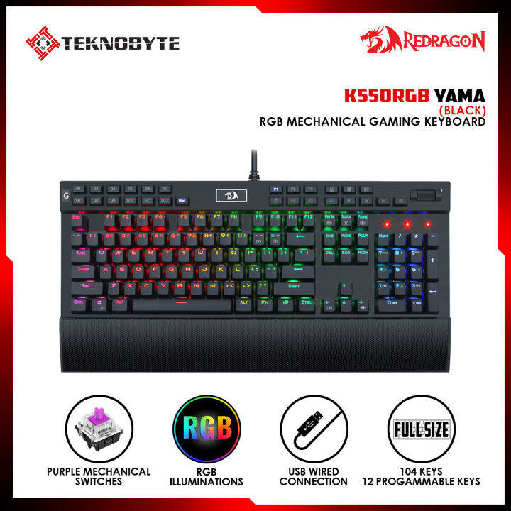 Redragon K550 YAMA BLACK RGB LED Backlit Mechanical Gaming Keyboard,Macro Recording,Wrist Rest ...