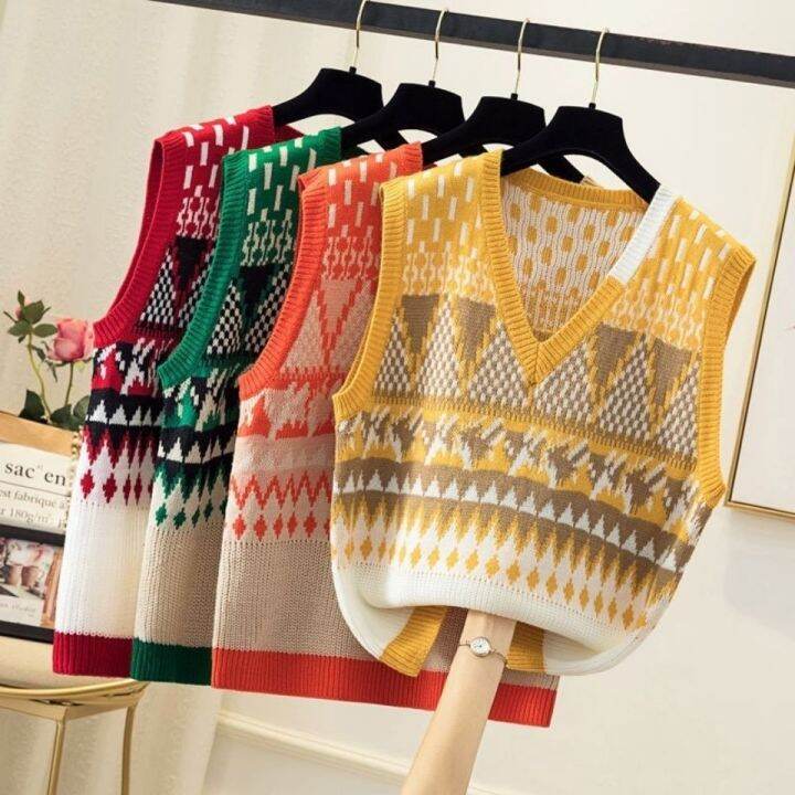 เกาหลีคมชัด R Hombus ถักเสื้อกั๊กหญิงคอวีถังและ Camisoles เสื้อกั๊ก ...