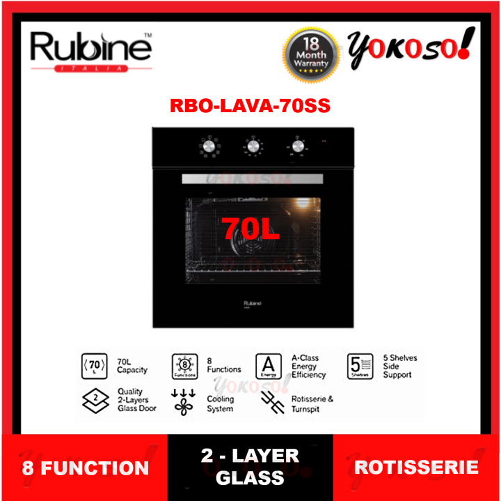 RUBINE RBO-LAVA-70SS BUILT IN OVEN 70L / 8-FUNCTION / ROTISSERIE / BLACK GLASS DOOR | Lazada