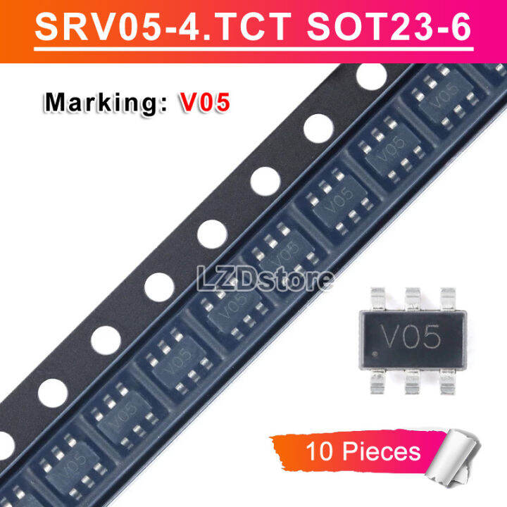 10pcs SRV05-4.TCT SOT-23 SRV05-4 SOT23-6 Marking V05 SOT-23-6 5V 4-wire Low Capacitance TVS ...