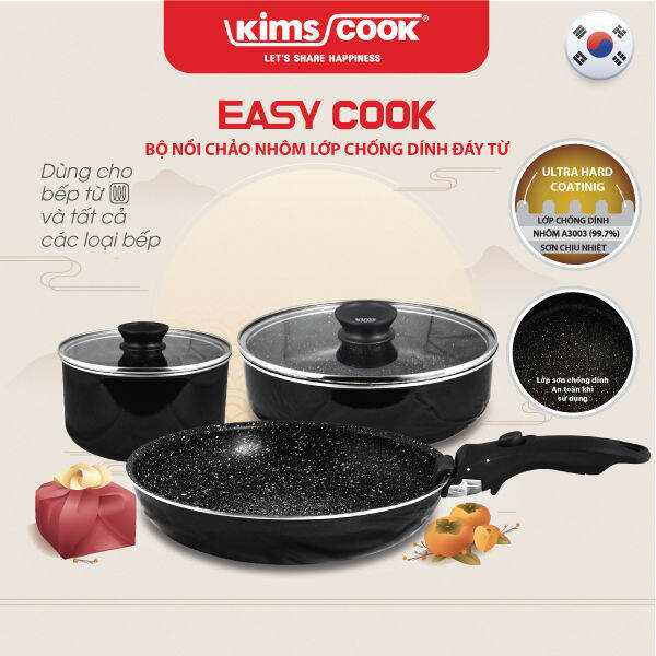 Bộ nồi chảo Easycook đáy từ, chống dính, tay cầm đa năng Kims Cook ...