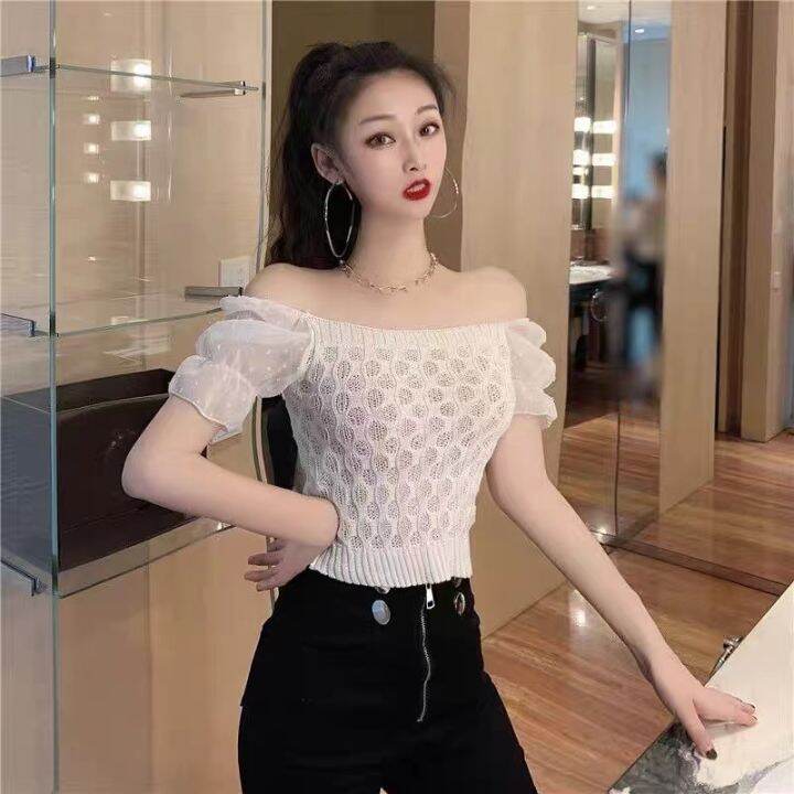 tichada 8666-1เสื้อแฟร์ชั่นหญิงหรือเสื้อยืดแขนพองๆ โชว์ไหร่เซ็กซี่ ผ้าไหมพรมนิ่มใส่สบายน่ารัก ...