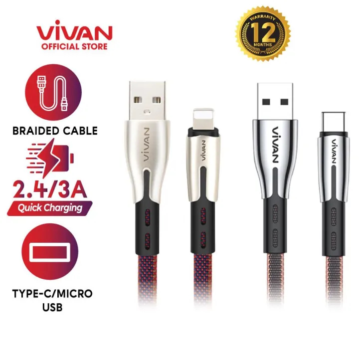 VIVAN Type-C/iPhone Cable Nylon Braided 3A/2.4A Fast Charging Original ...